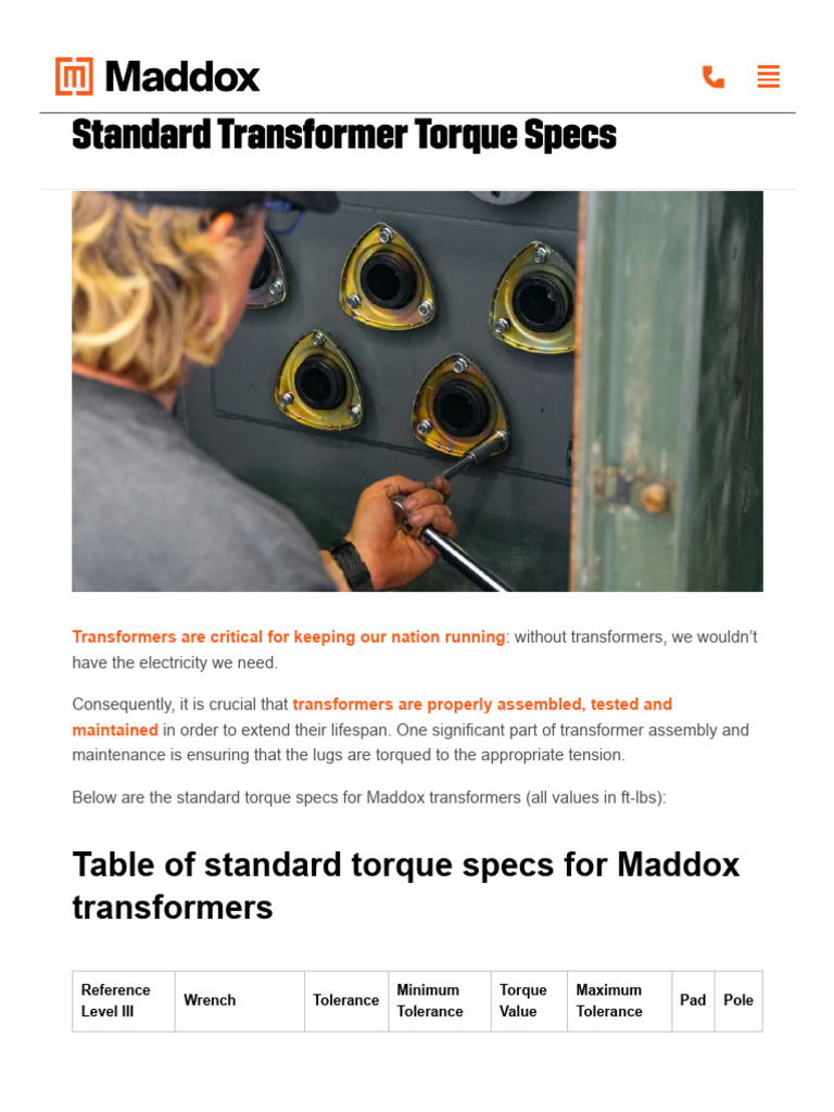 Standard Transformer Torque Specs - Maddox | PDF | Transformer ...