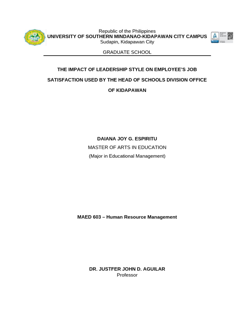Espiritu, Maed 603 Research | PDF | Leadership | Job Satisfaction