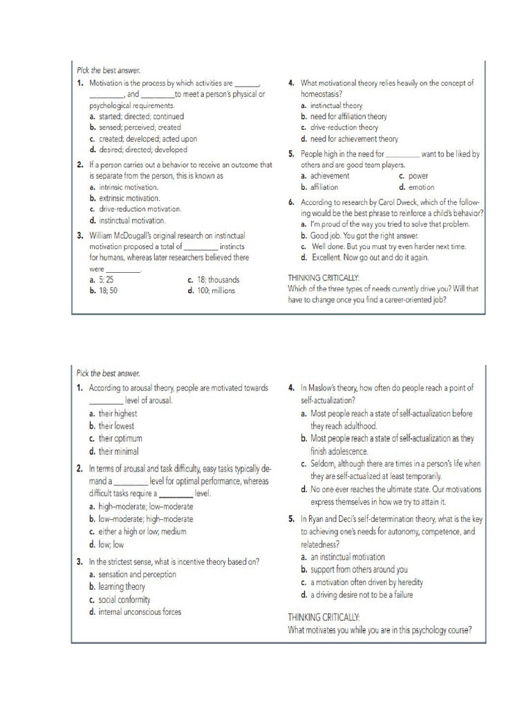 Motivation - MCQs | PDF