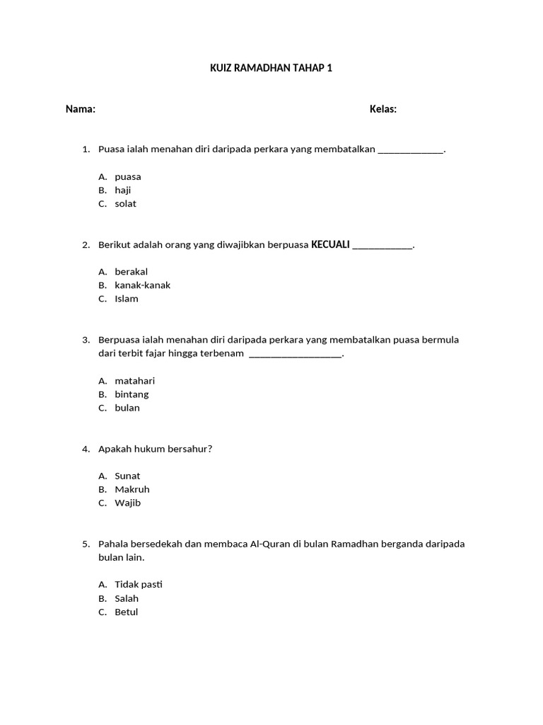 Kuiz Ramadhan Tahap 1 | PDF