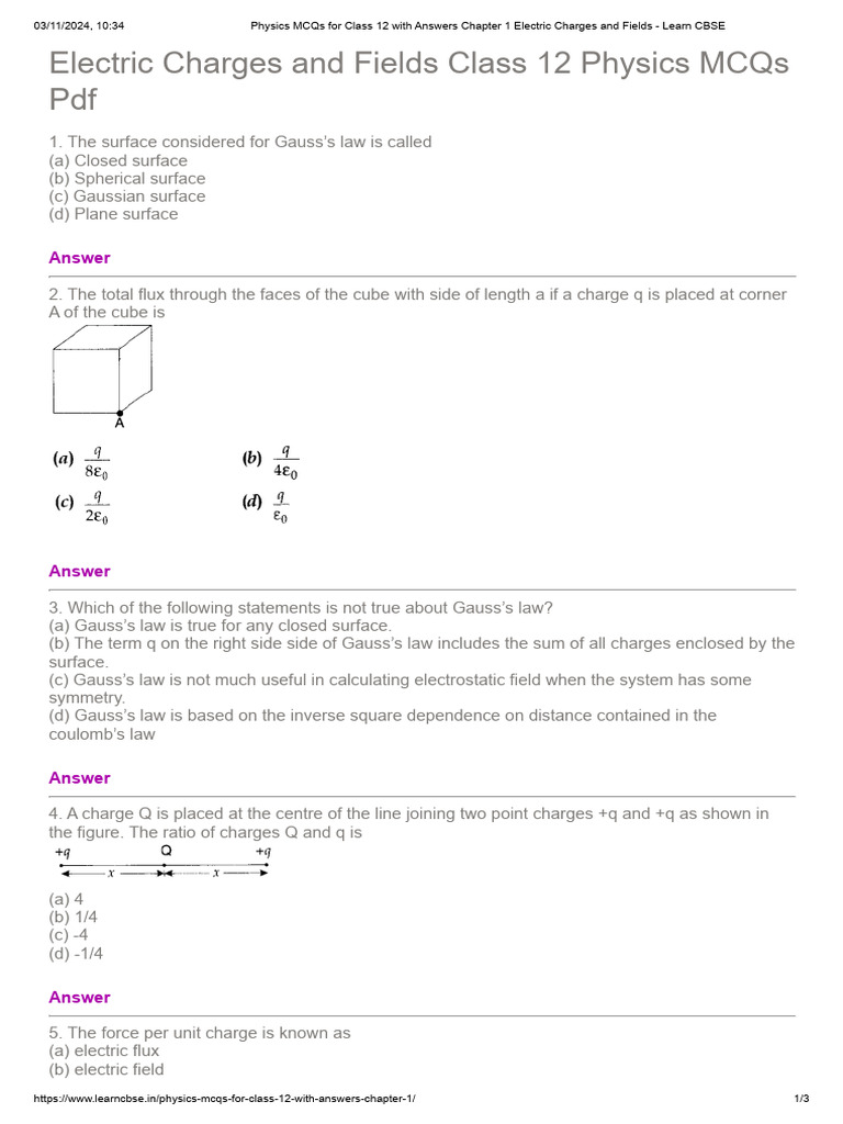 Class 12 Physics: Electric Charges MCQs | PDF | Electric Field | Physics