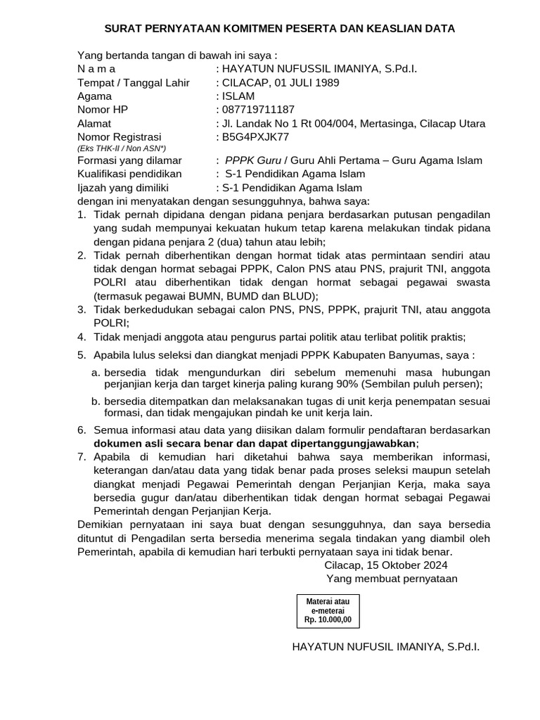 Surat Pernyataan Komitmen Peserta Dan Keaslian Data | PDF