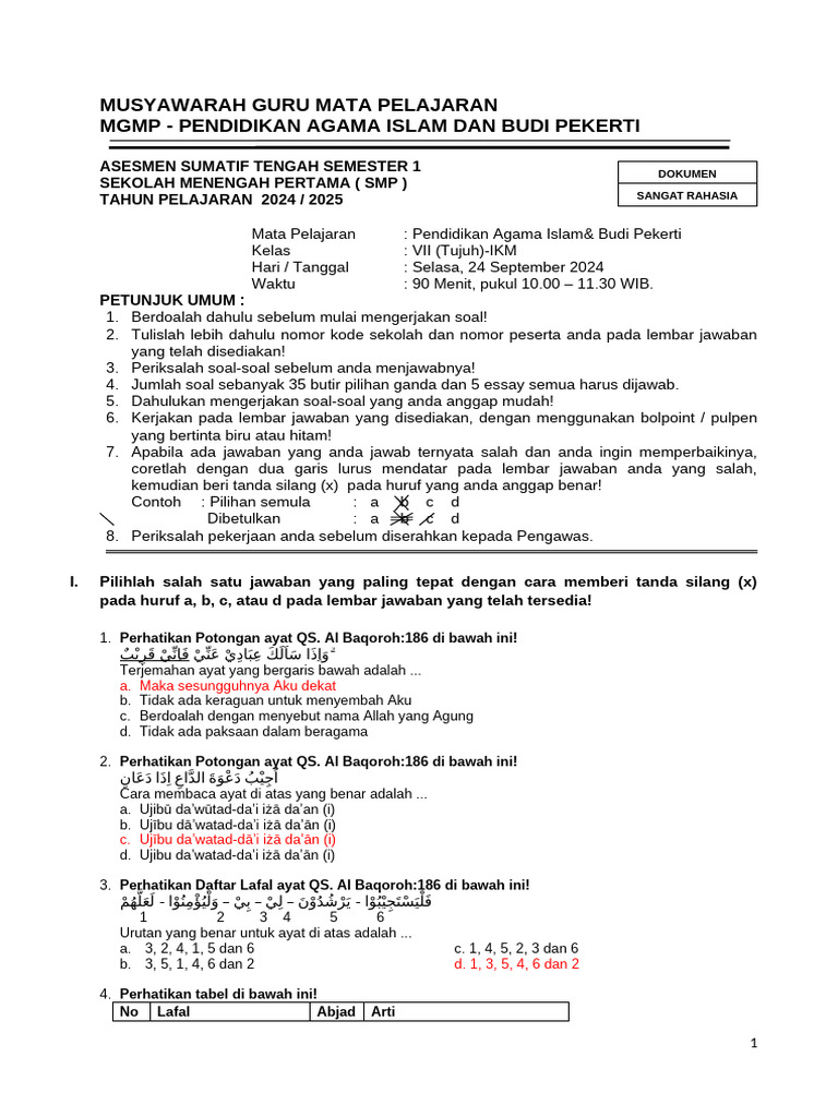 Template Soal Asts 1 Paibp Kelas Vii 2024-2025 | PDF
