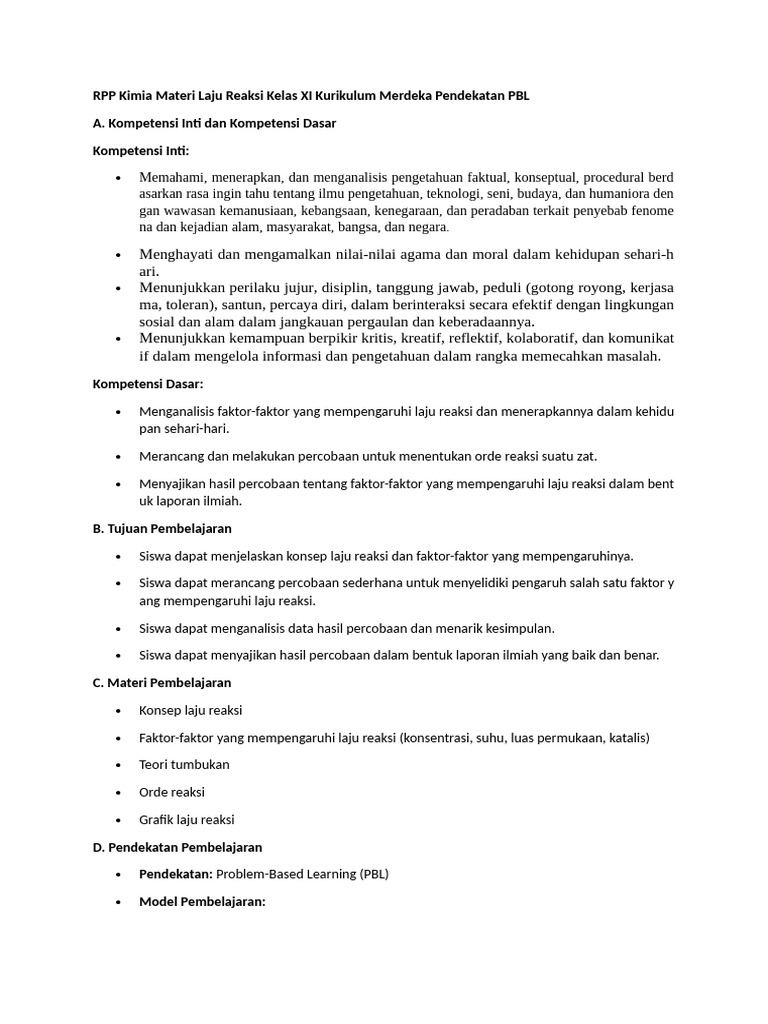 RPP Kimia Materi Laju Reaksi Kelas XI Kurikulum Merdeka Pendekatan PBL | PDF | Sains & Matematika