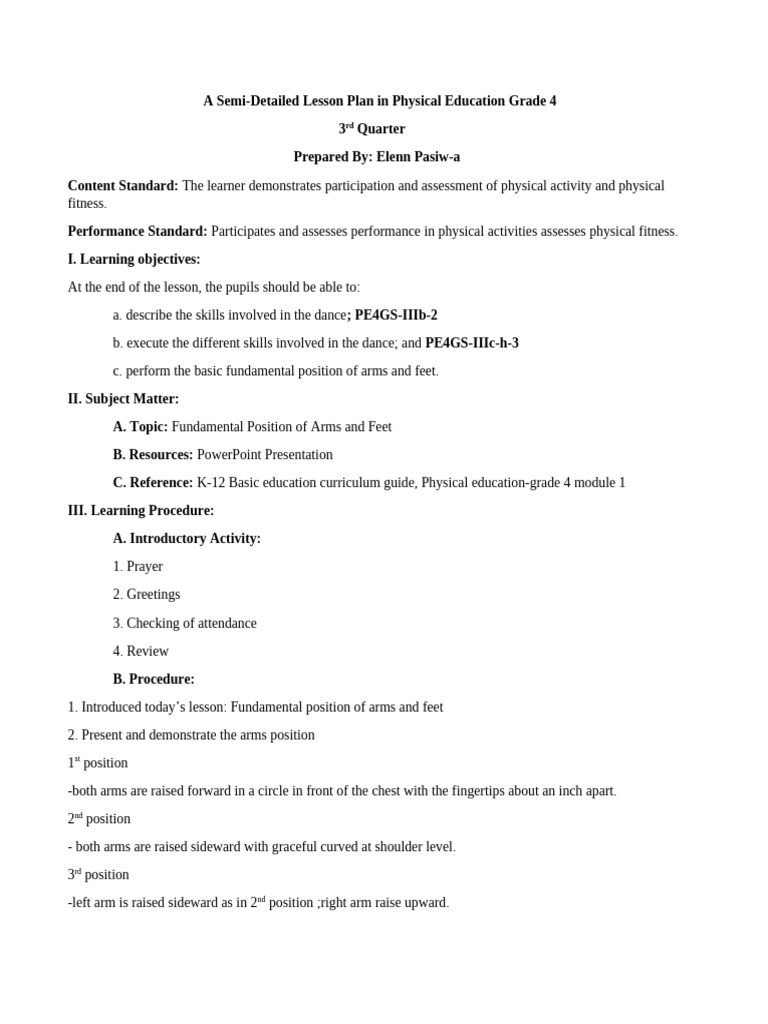 Grade 4 PE Lesson Plan: Dance Positions | PDF | Curriculum | Physical ...