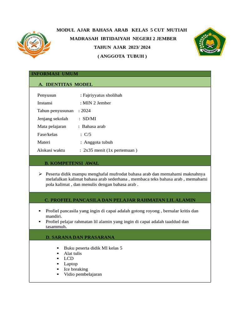 Modul Ajar Bahasa Arab Kelas 5 Cut Mutiah | PDF Modul Ajar Bahasa Arab Kelas 5 Cut Mutiah | PDF