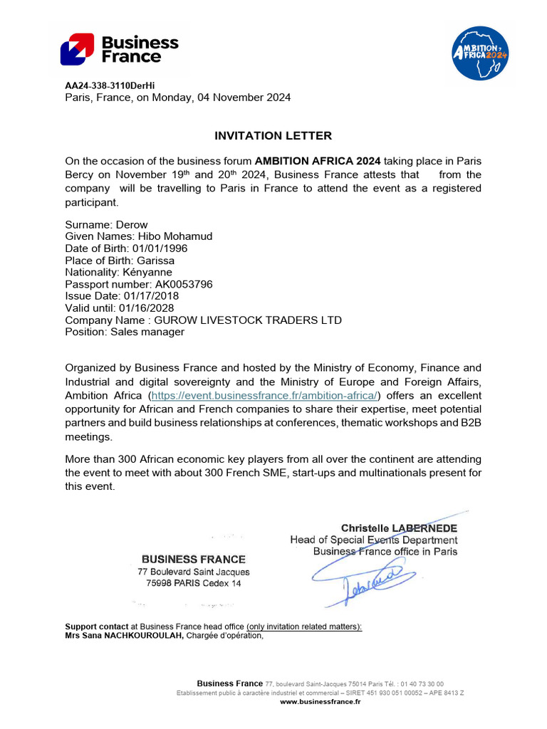 Derow Invitation Letter Visa 2024 | PDF