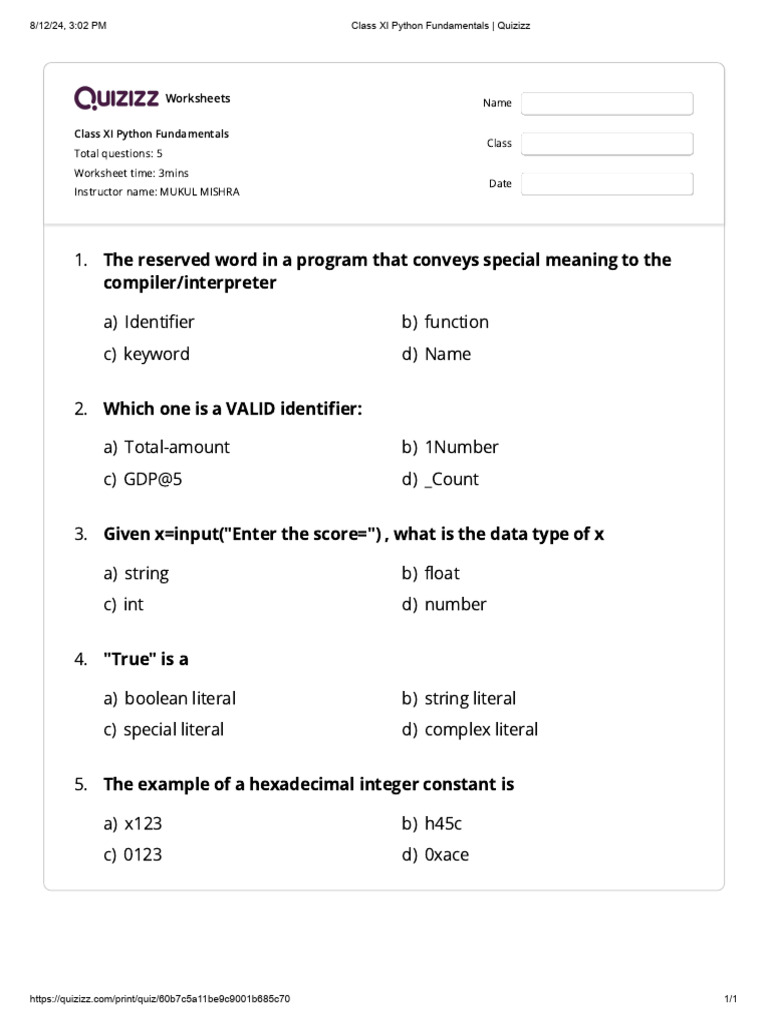 Class XI Python Fundamentals _ Quizizz | PDF Class XI Python Fundamentals _ Quizizz | PDF