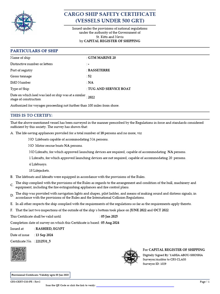 Cargo Ship Safety Certificate for 500 GRT | PDF | Ships | Watercraft