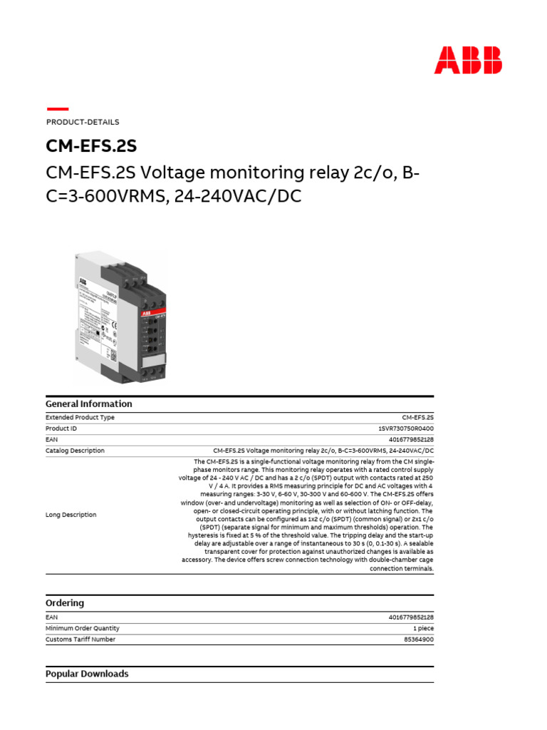 1SVR730750R0400 CM Efs 2s Voltage Monitoring Relay 2c o B C 3 600vrms ...