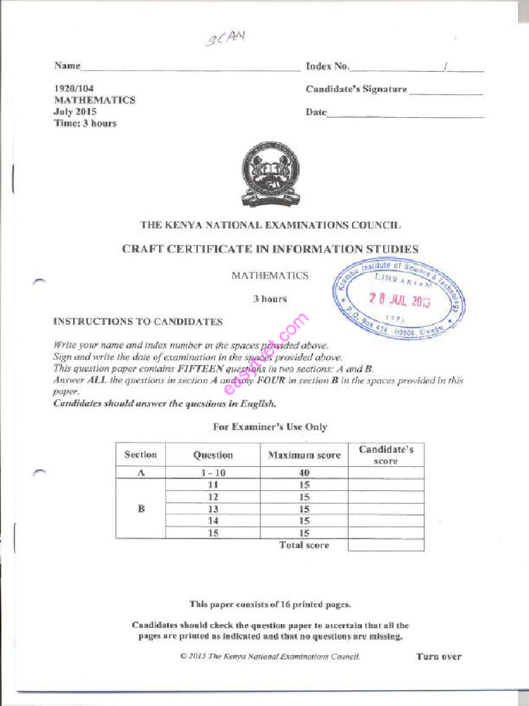 Knec Math 2015 July | PDF