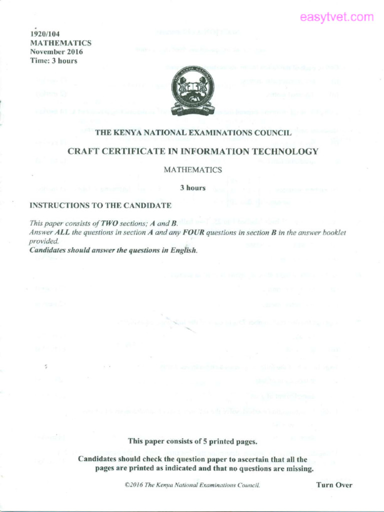 Knec Math 2016 Nov | PDF