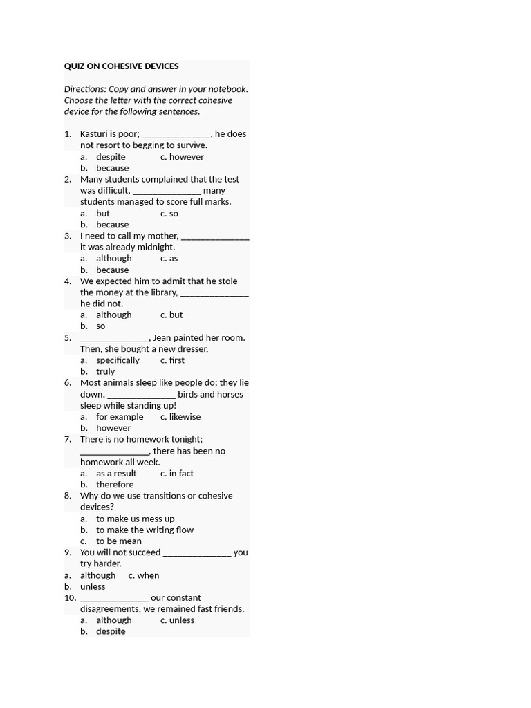 Quiz On Cohesive Device | PDF