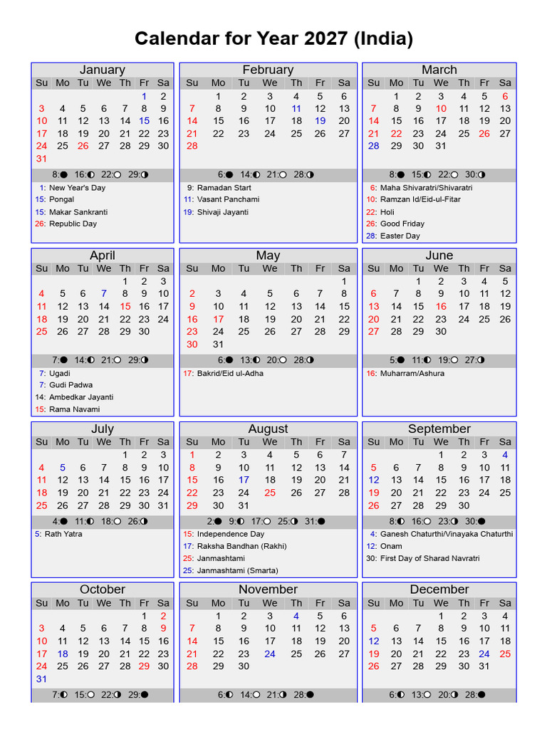 Year 2027 Calendar - India | PDF | Hindu Worship | Religious Holidays