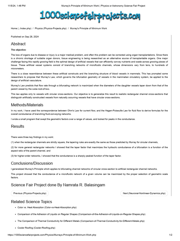 Murray's Principle of Minimum Work - Physics or Astronomy Science Fair ...