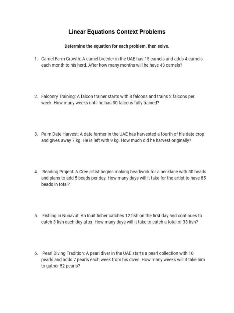Linear Equations Context Problems | PDF