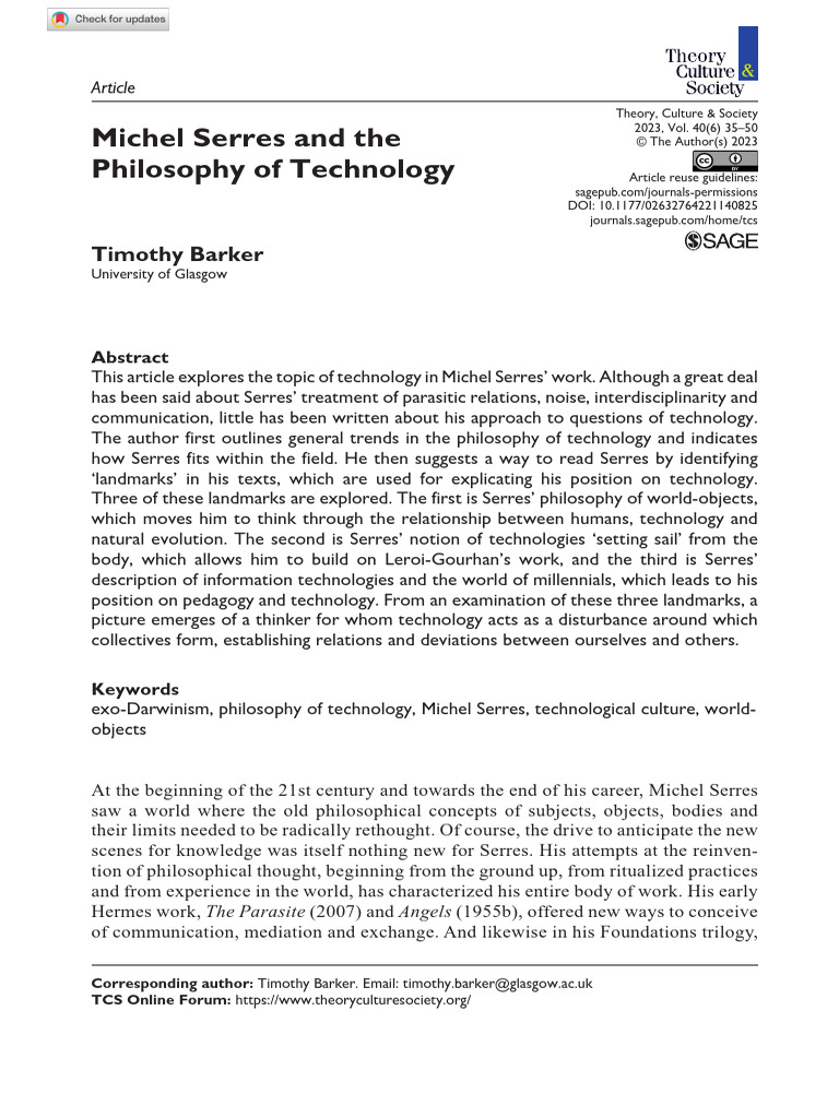 Barker 2023 Michel Serres and The Philosophy of Technology | PDF | Concept | Memory