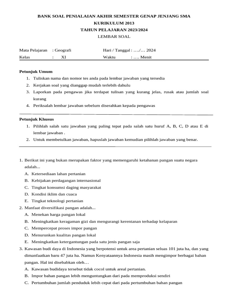 Soal - Geografi - ASAS Genap 2024 - Kls XI - K13 | PDF