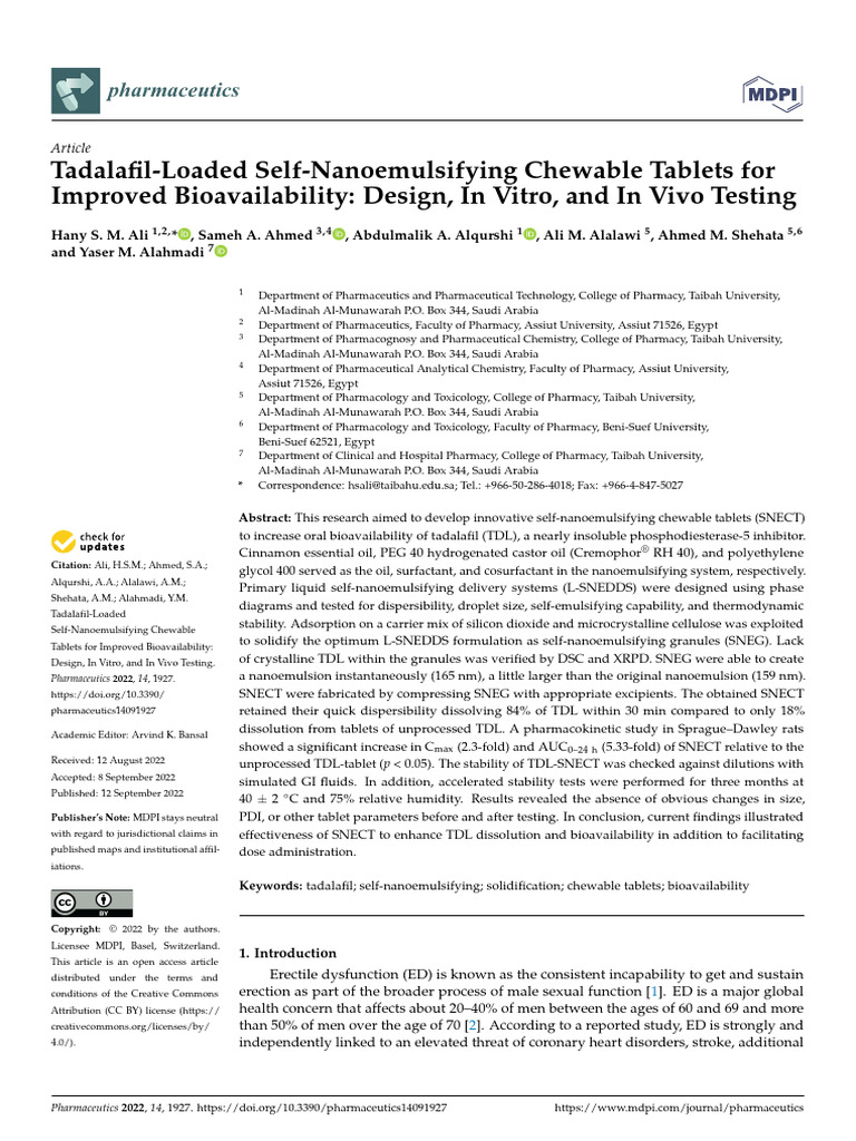Tadalafil-Loaded Self-Nanoemulsifying Chewable Tab | PDF | Tablet ...