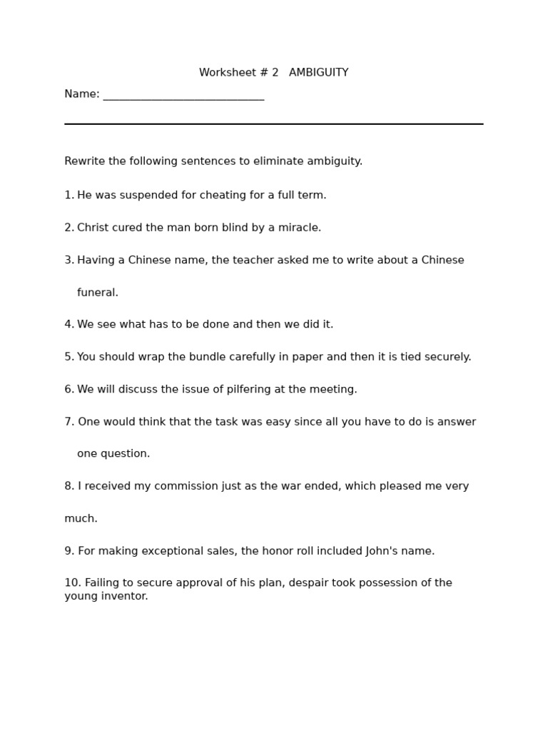Worksheet 2 Ambiguity | PDF