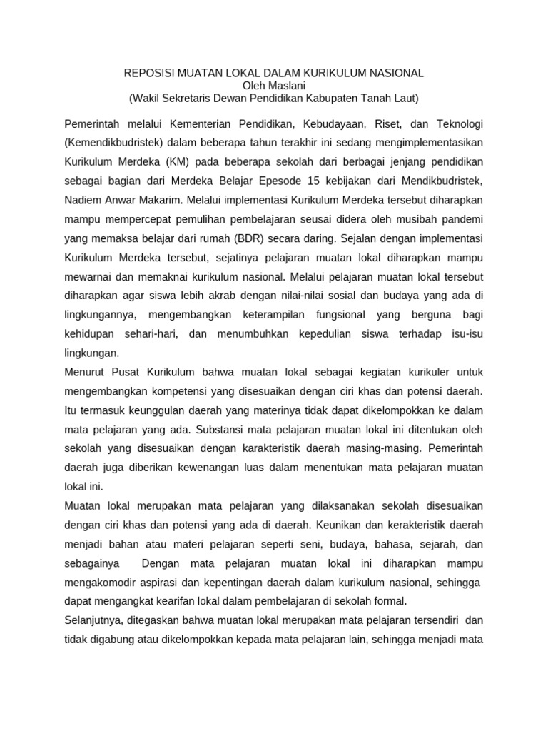 Muatan Lokal dalam Kurikulum Merdeka | PDF | Seni & Disiplin Bahasa