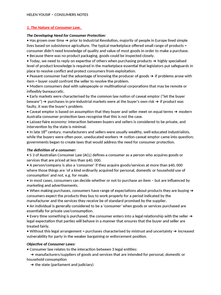 Notes Consumer Law Helen Yousif | PDF | Contractual Term | Offer And ...