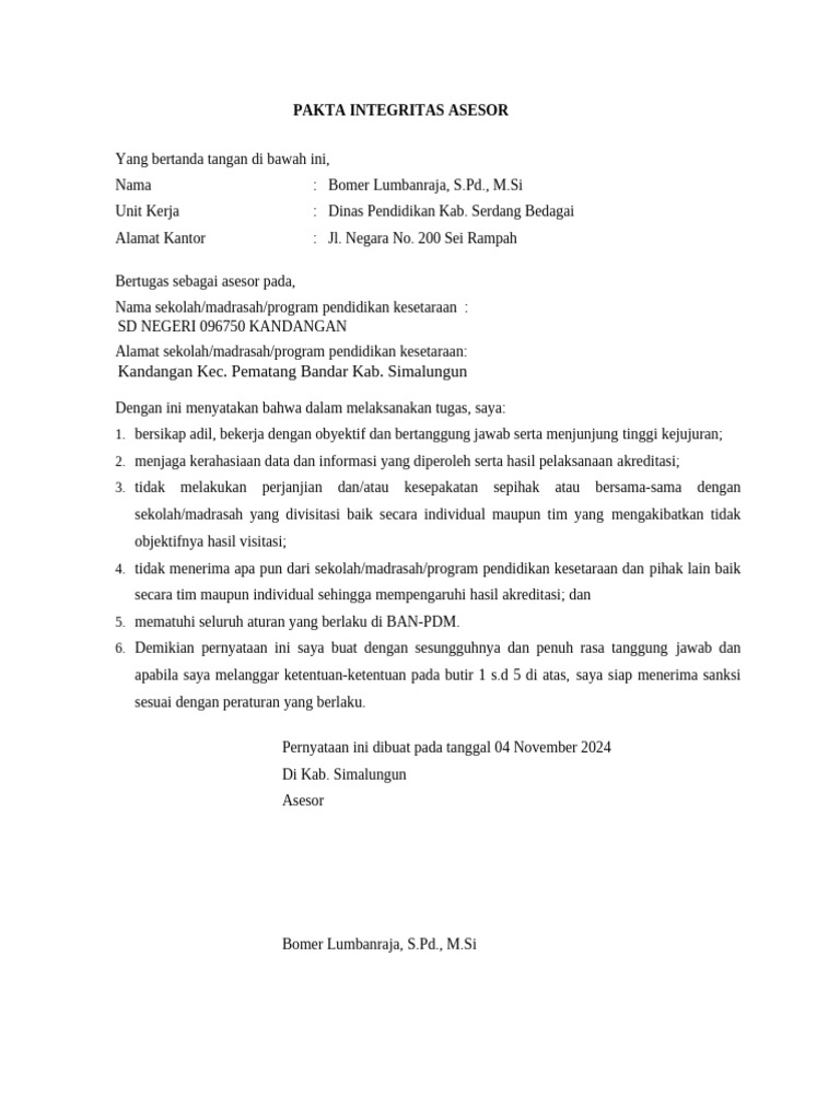 Pakta Integritas Asesor | PDF