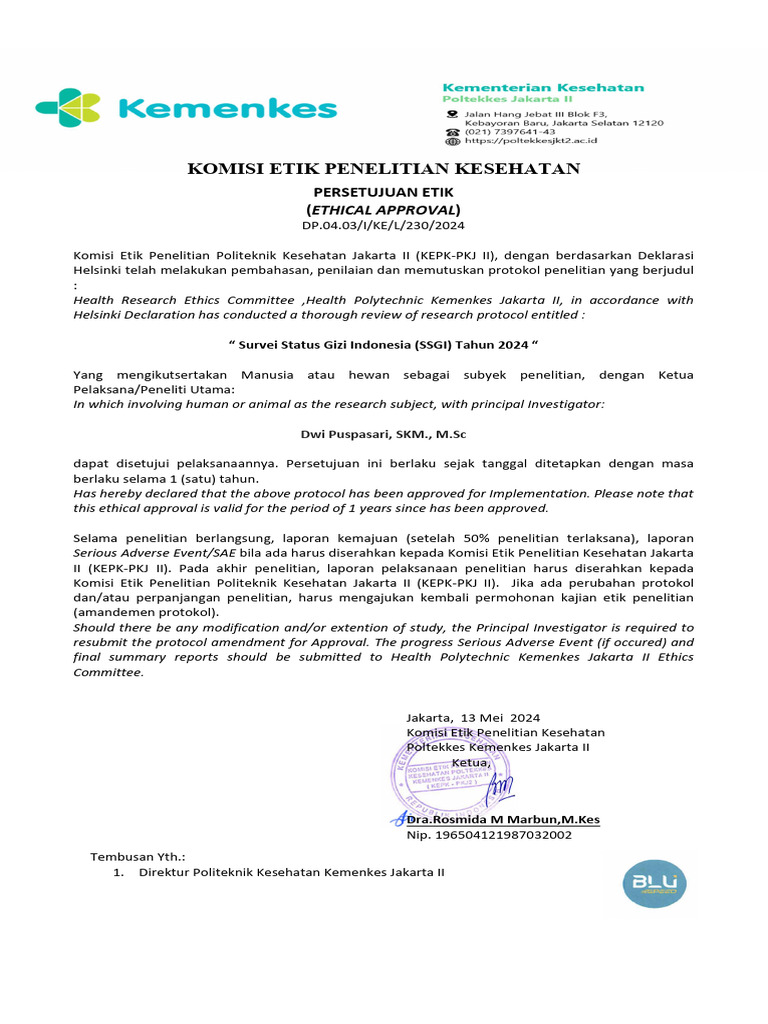 082 Dwi Puspasari, SKM., M.SC, (BKPK) - Ijin Etik | PDF