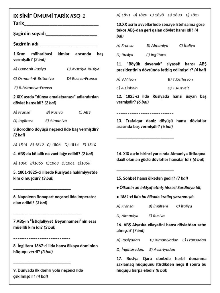 IX Sinif Ümumi Tarix - KSQ-1 | PDF