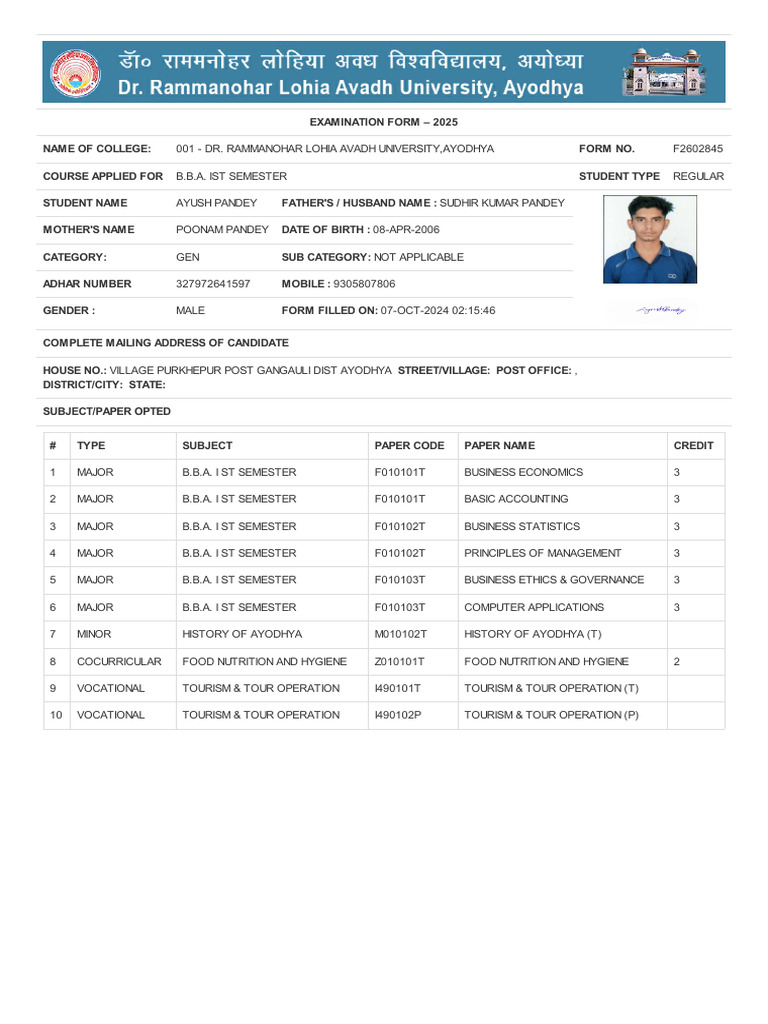 Ayush Pandey Exam Form 10-7-2024 | PDF Ayush Pandey Exam Form 10-7-2024 | PDF