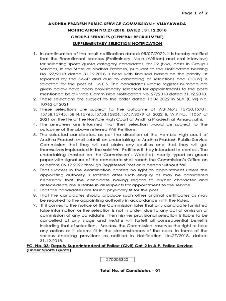 Selection Notifin. To Group-I Services (27-2018) Final - 30112022 | PDF ...