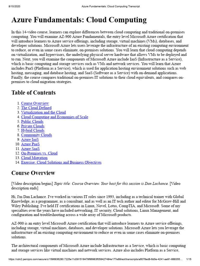 Azure Fundamentals - Cloud Computing Transcript | PDF | Cloud Computing | Microsoft Azure