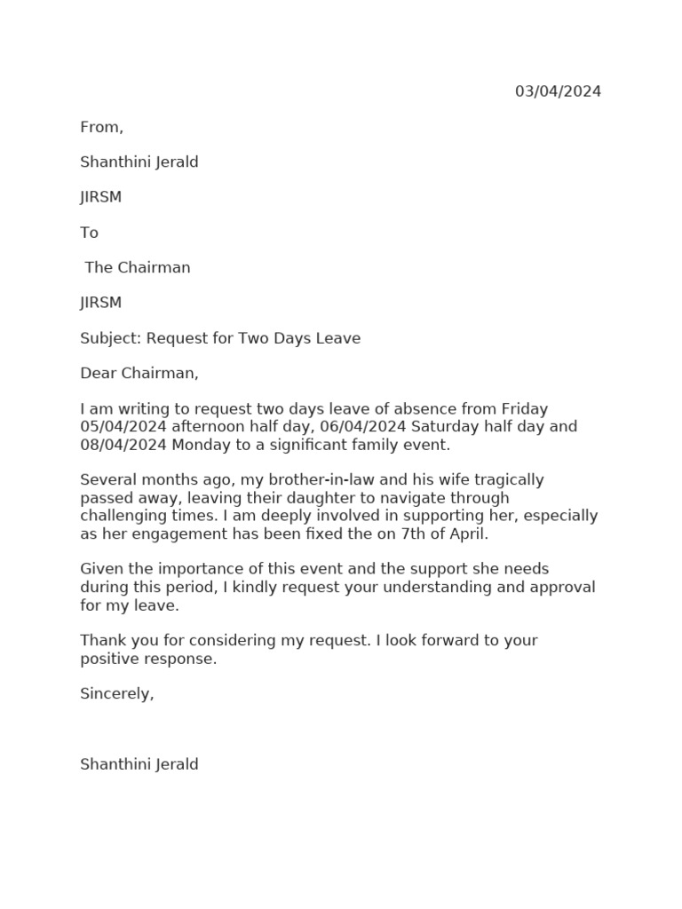 Leave Letter | PDF | Wellness