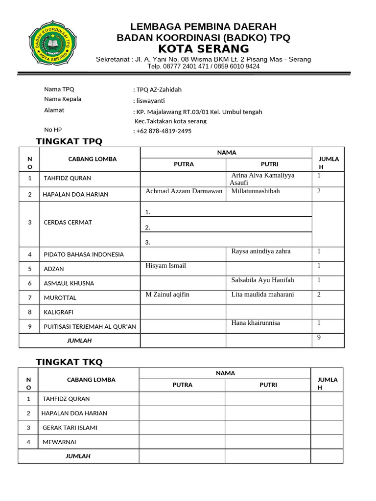 Formulir Pendaftaran Lomba TPQ | PDF