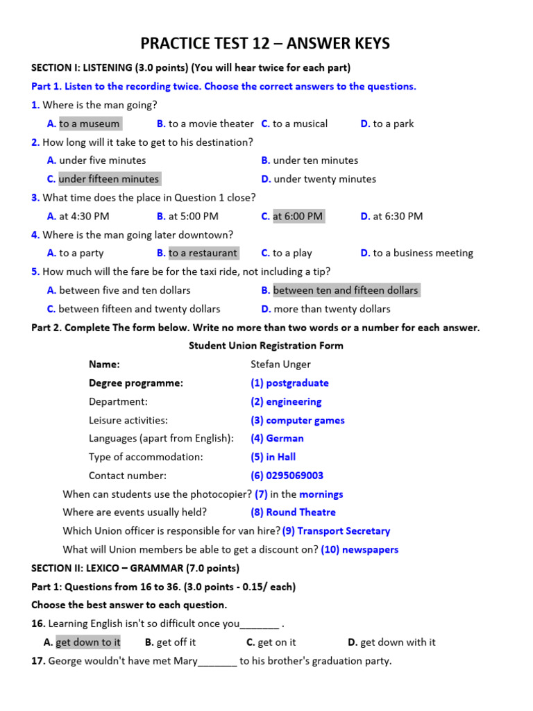 Practice Test 12 Answer Keys | PDF | Desert | Coyote