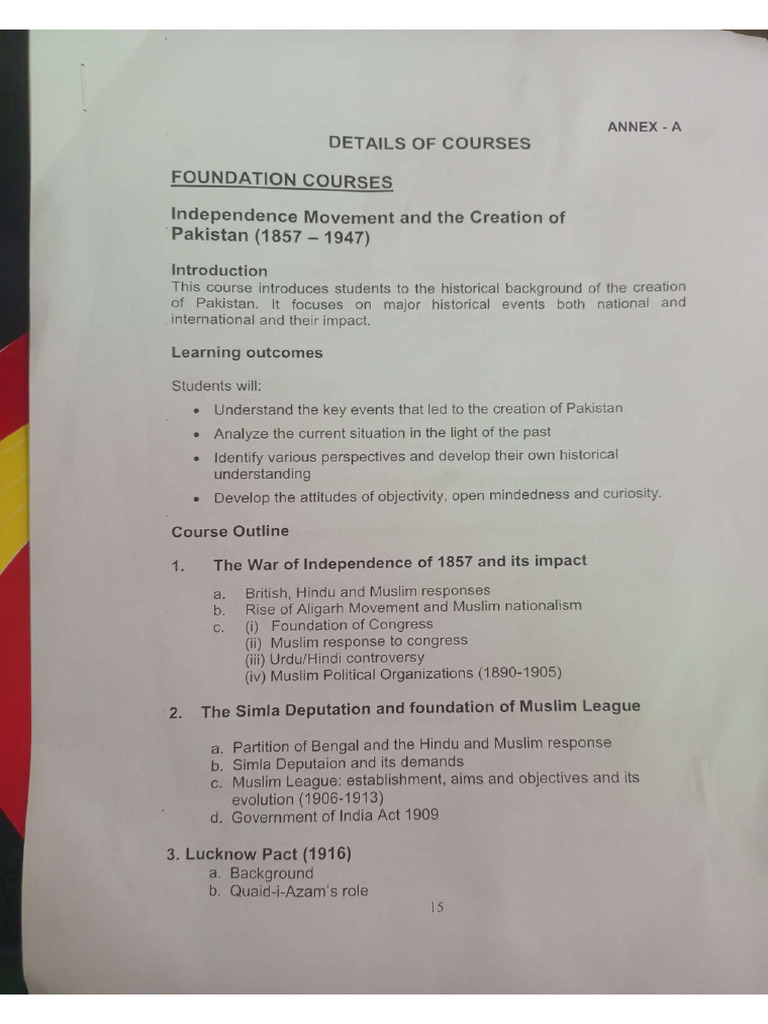 Pak Studies Outline For First Semester of BS | PDF