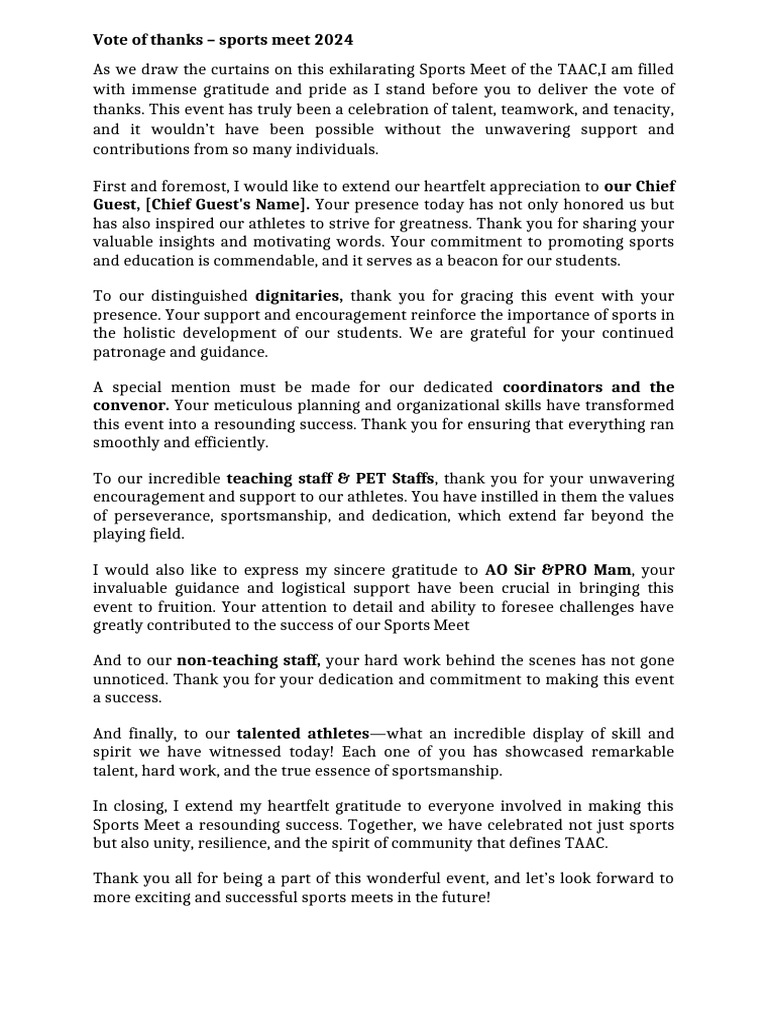 Vote of Thanks Sports 24 | PDF | Social Psychology