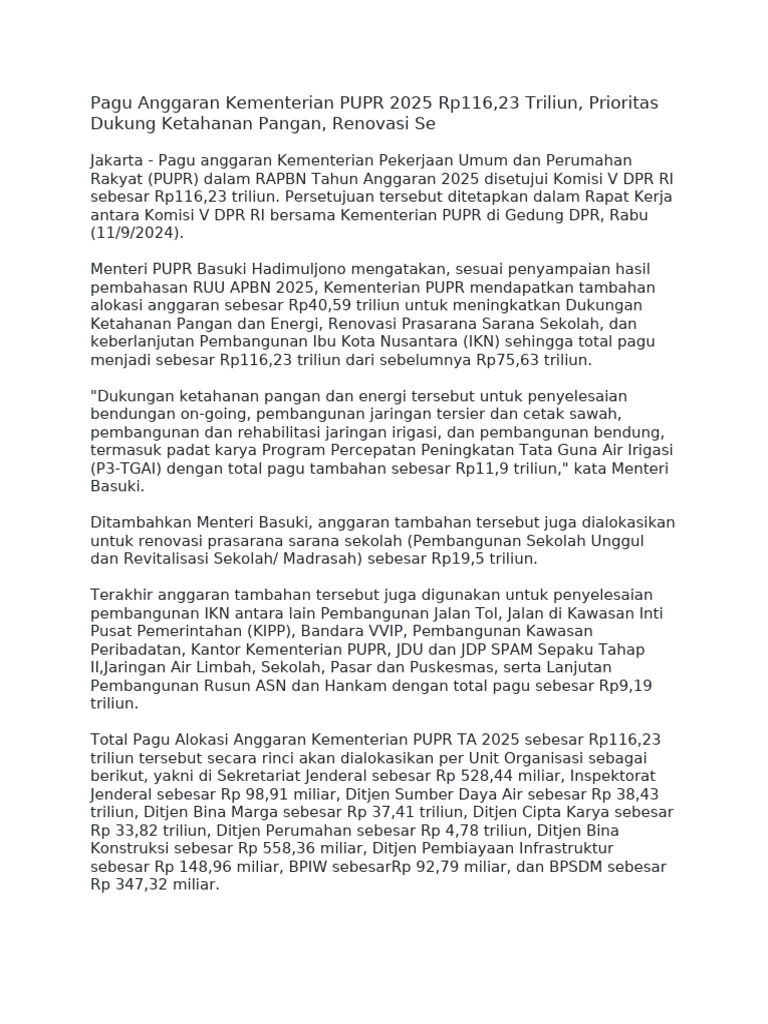 Pagu Anggaran Kementerian PUPR 2025 Rp116 | PDF | Teknologi & Rekayasa