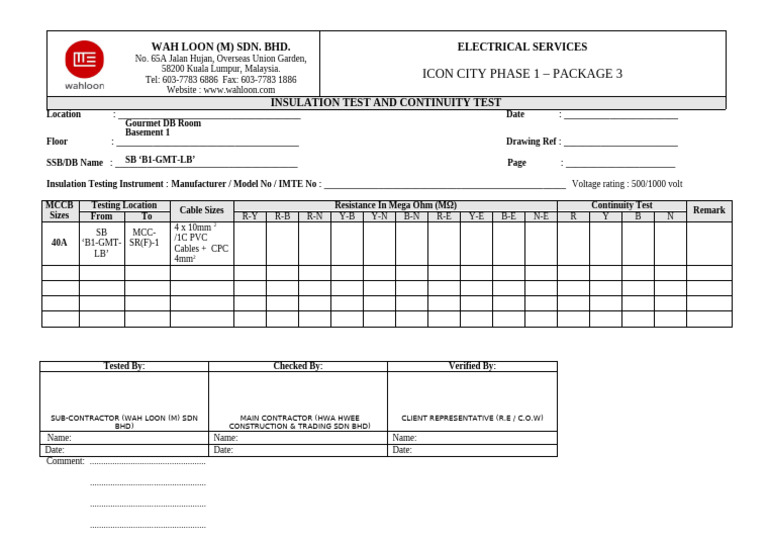 Megger Test - Submain Cable For Surau MCC Basement | PDF | Electrical ...