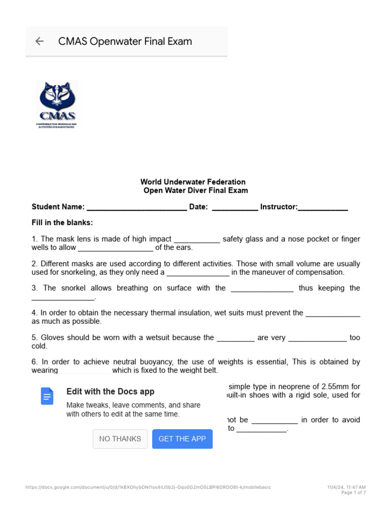 CMAS Openwater Final Exam | PDF | Scuba Diving | Snorkeling
