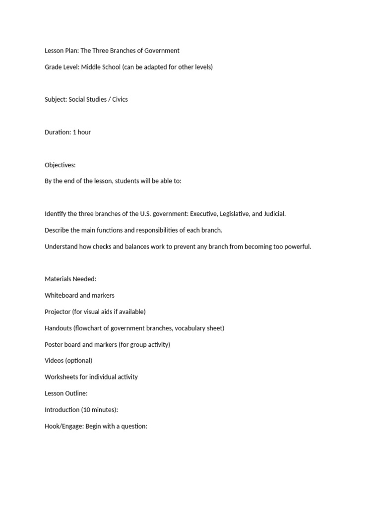 Lesson Plan: Three Branches of Government | PDF | Separation Of Powers ...