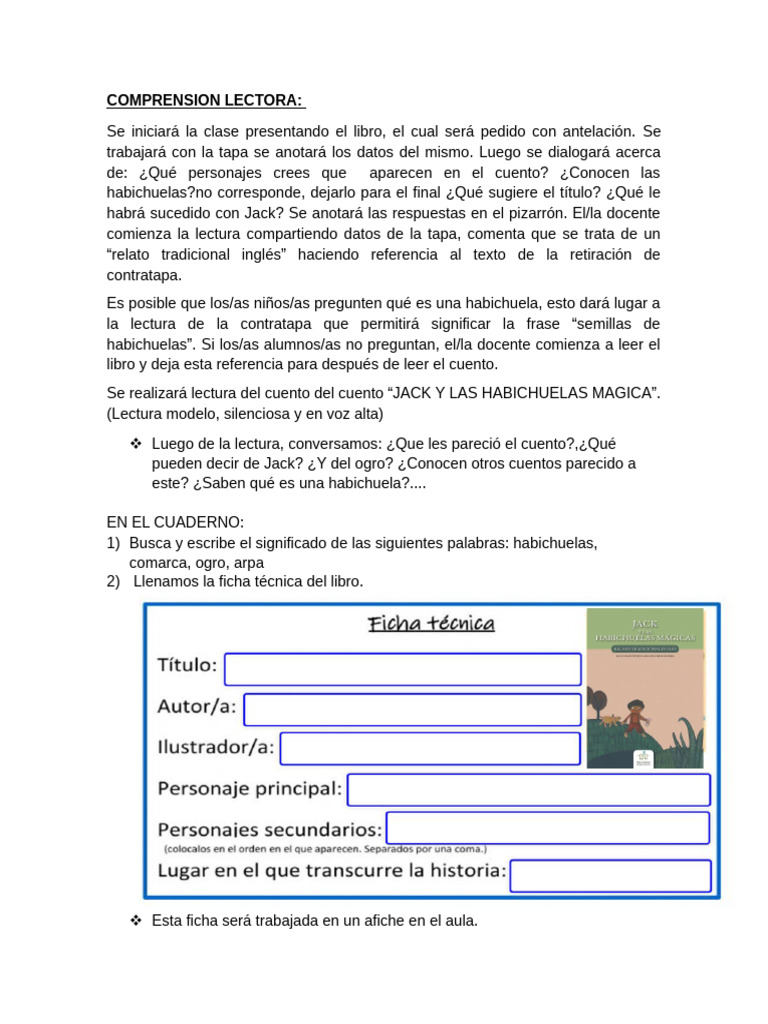 Comprensión Lectora Jack y Las Habichuelas Mágicas | PDF
