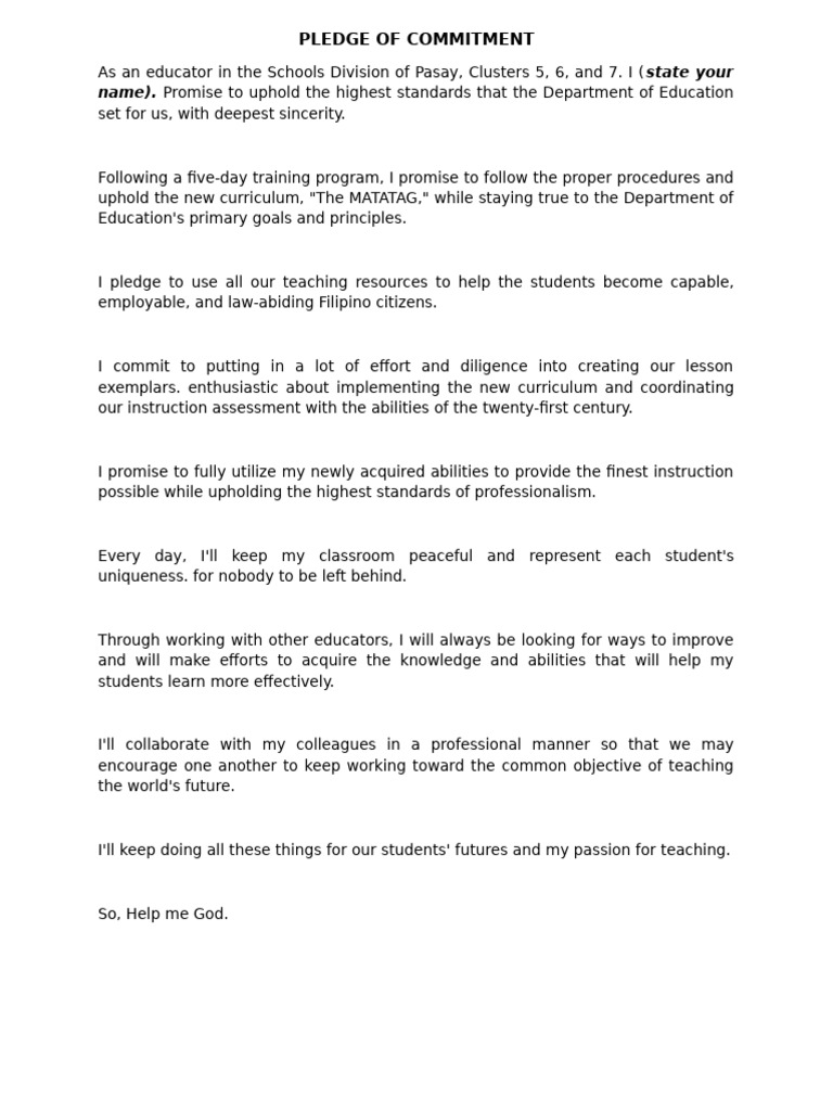 Pledge of Commitment Final | PDF | Wellness