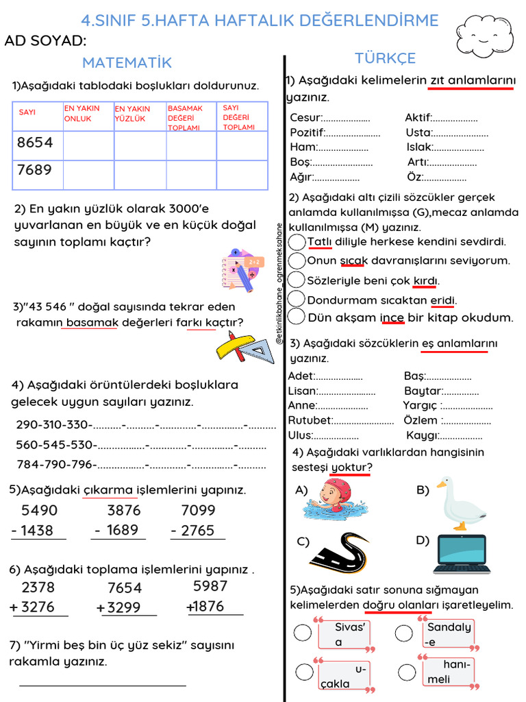 4.sinif 5.hafta Haftalik Degerlendirme | PDF