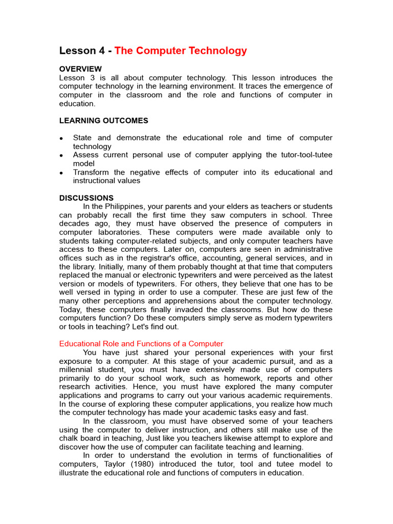 Lesson 4-The Computer Technology | PDF | Teachers | Learning