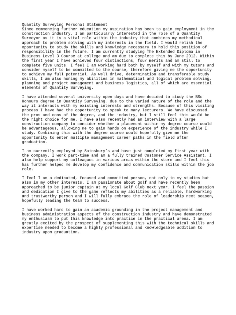 Quantity Surveyor UCAS Profile Example | PDF | Surveying | Cognition