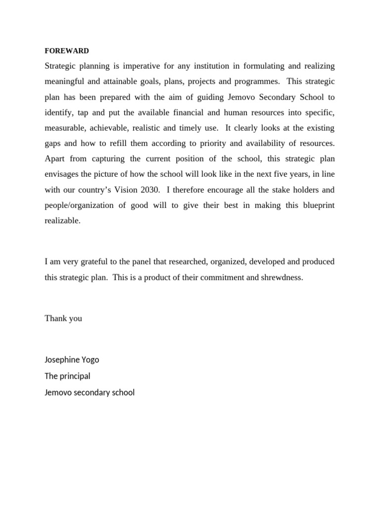 Strategic Plan for Jemovo Secondary School | PDF | Strategic Planning ...