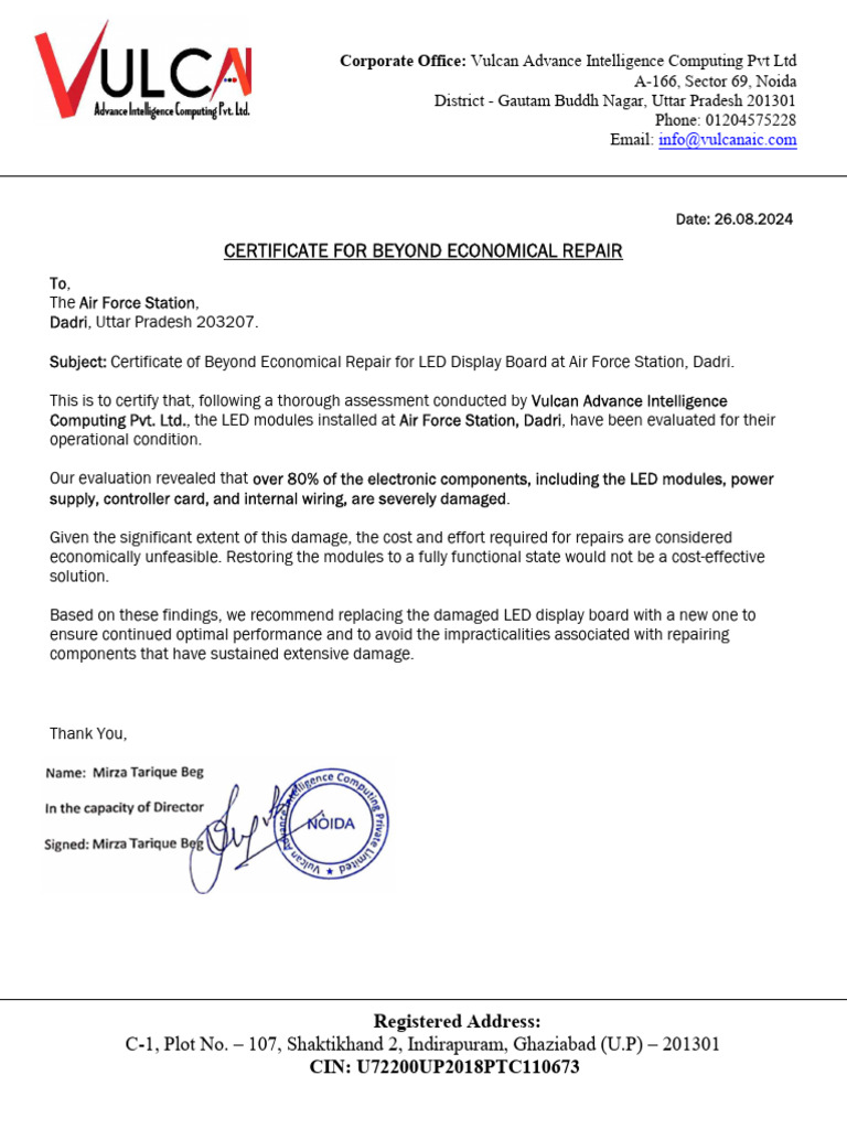 Certificate For Beyond Economical Repair | PDF | Business | Computers