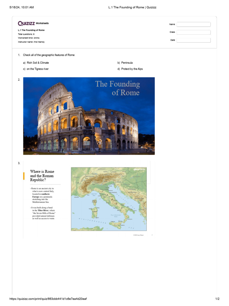 L.1 The Founding of Rome - Quizizz | PDF | Italy | Rome