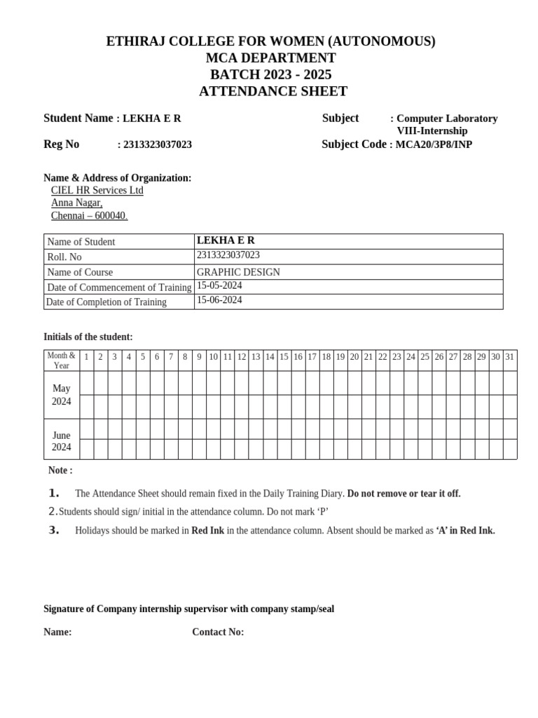 MCA Internship Attendance Sheet 2023-2025 | PDF